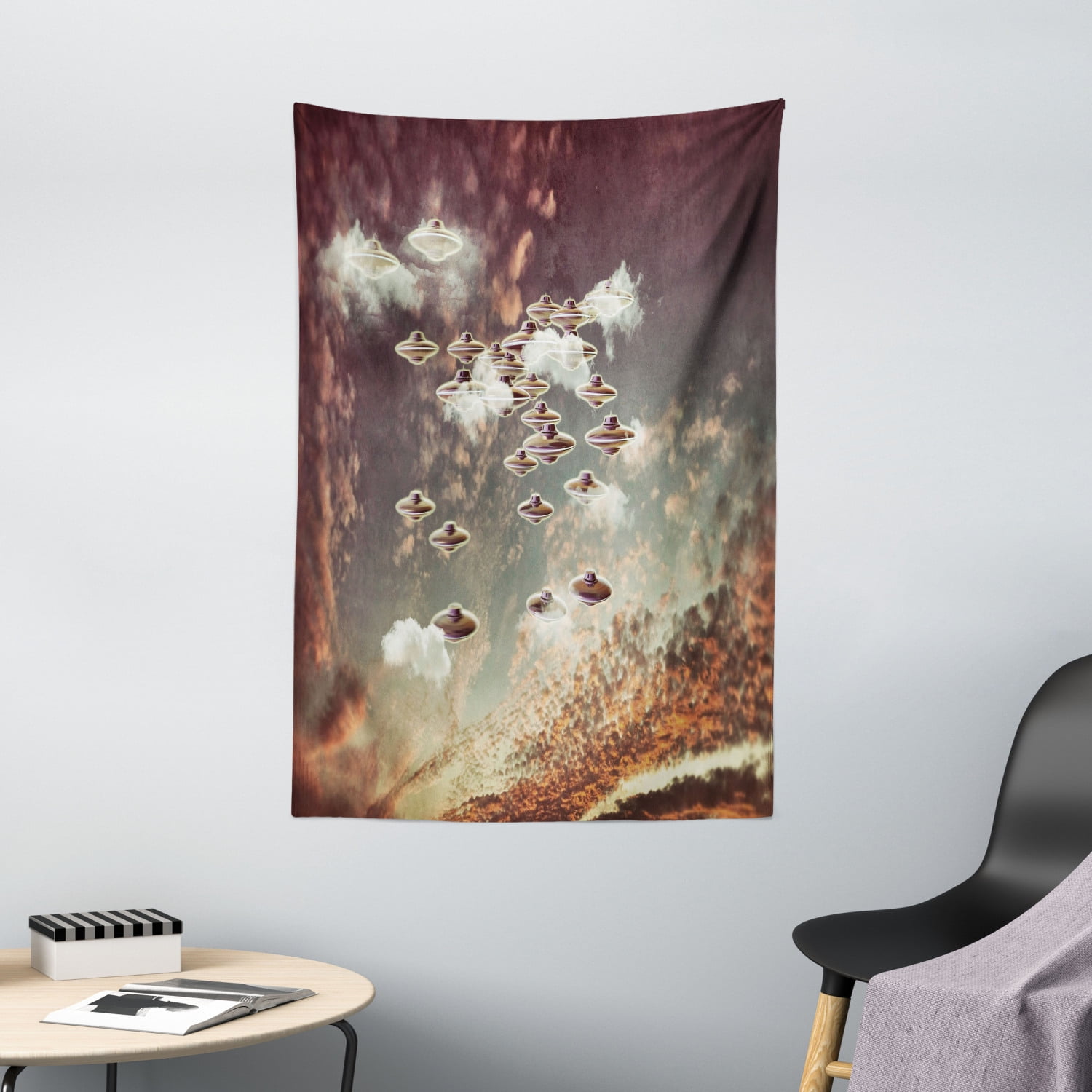 Outer Space Tapestry, Flying Objects in Cloudy Sky UFOs Aliens ...