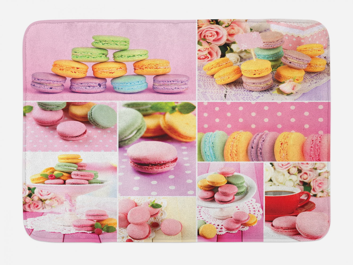 Colorful Bath Mat, Collage of Tasty Macaroons Delicious French Desert ...