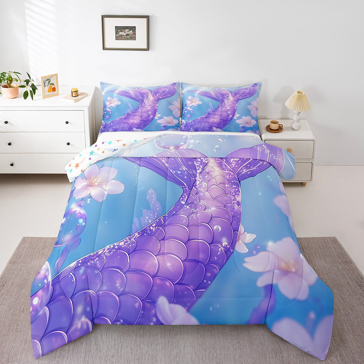 Mermaid Tail Comforter Set for Kids Girls Princess Themed Bedding Sets ...