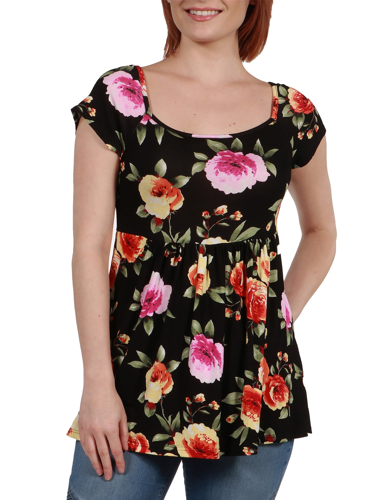 Womens Drew Black Floral Short Sleeve Tunic Top