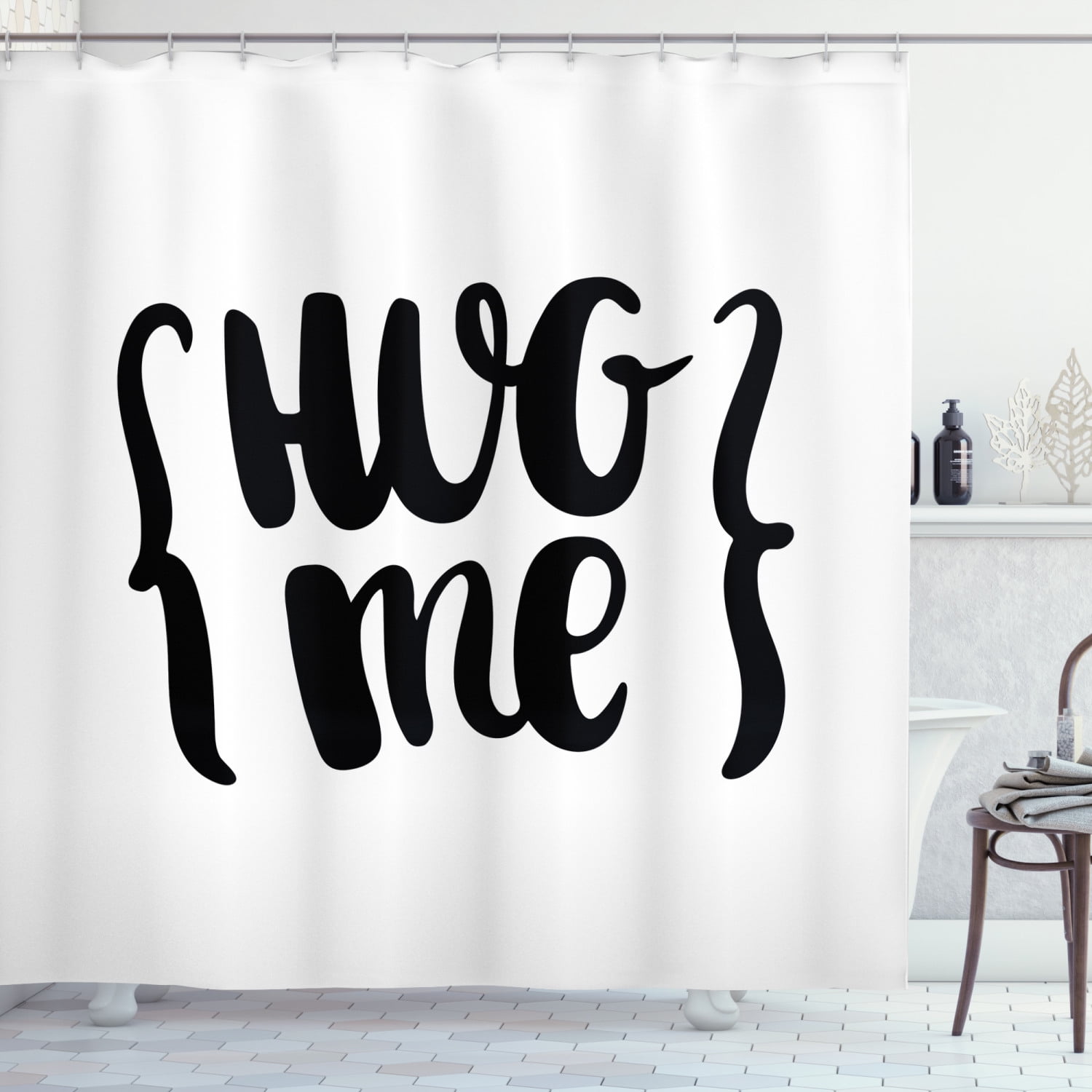 Hug Shower Curtain, Monochromatic Hand Drawn Cursive Lettering Hug Me ...