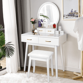 Angel Line Ella Vanity Table and Stool Set w/ Tri-Folding Mirror, White ...