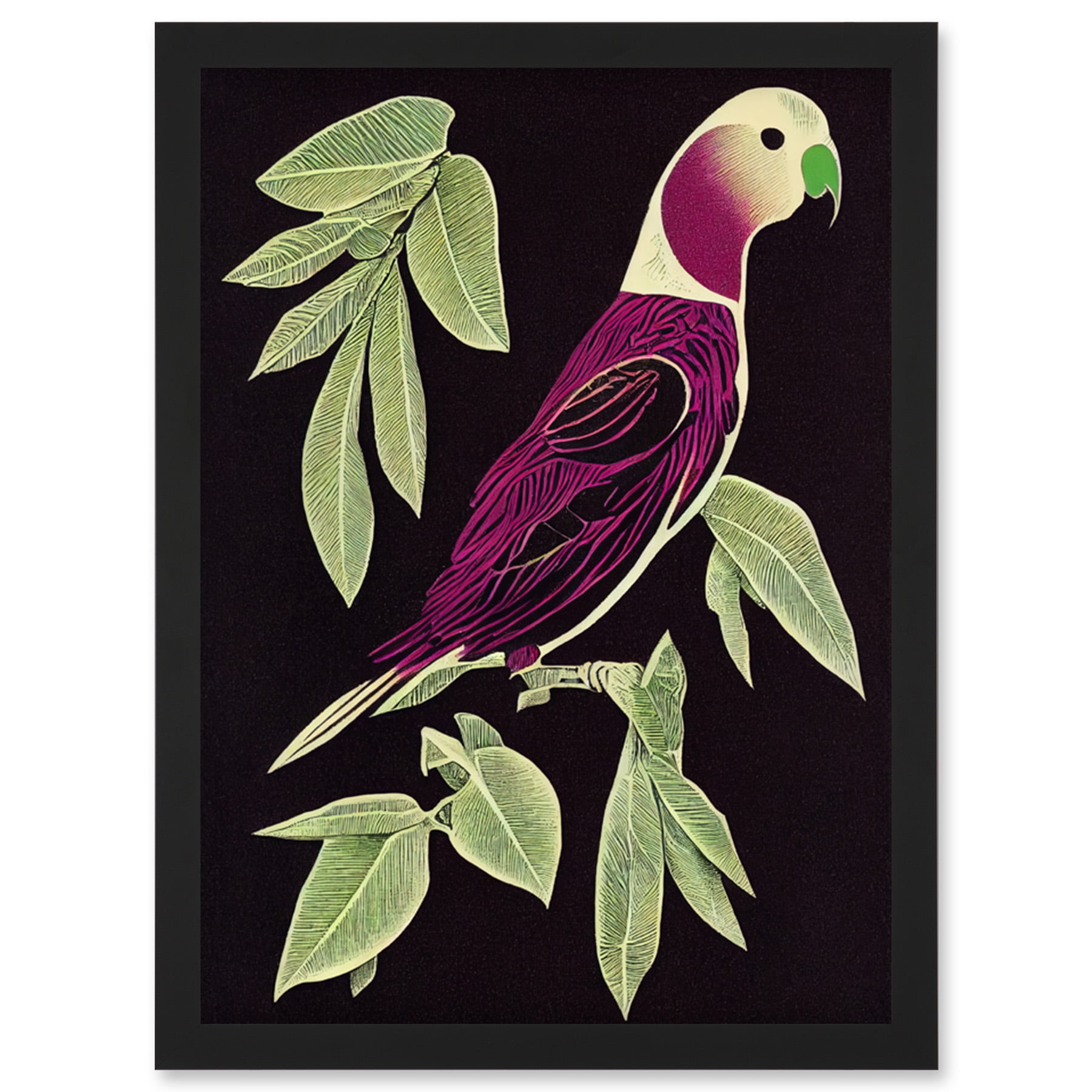 Modern Vibrant Magenta Purple Parrot On Tree Branch Linocut ...