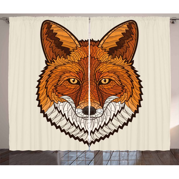 Fox Curtains 2 Panels Set, Wild Fox Portrait in Mosaic Inspired Style ...