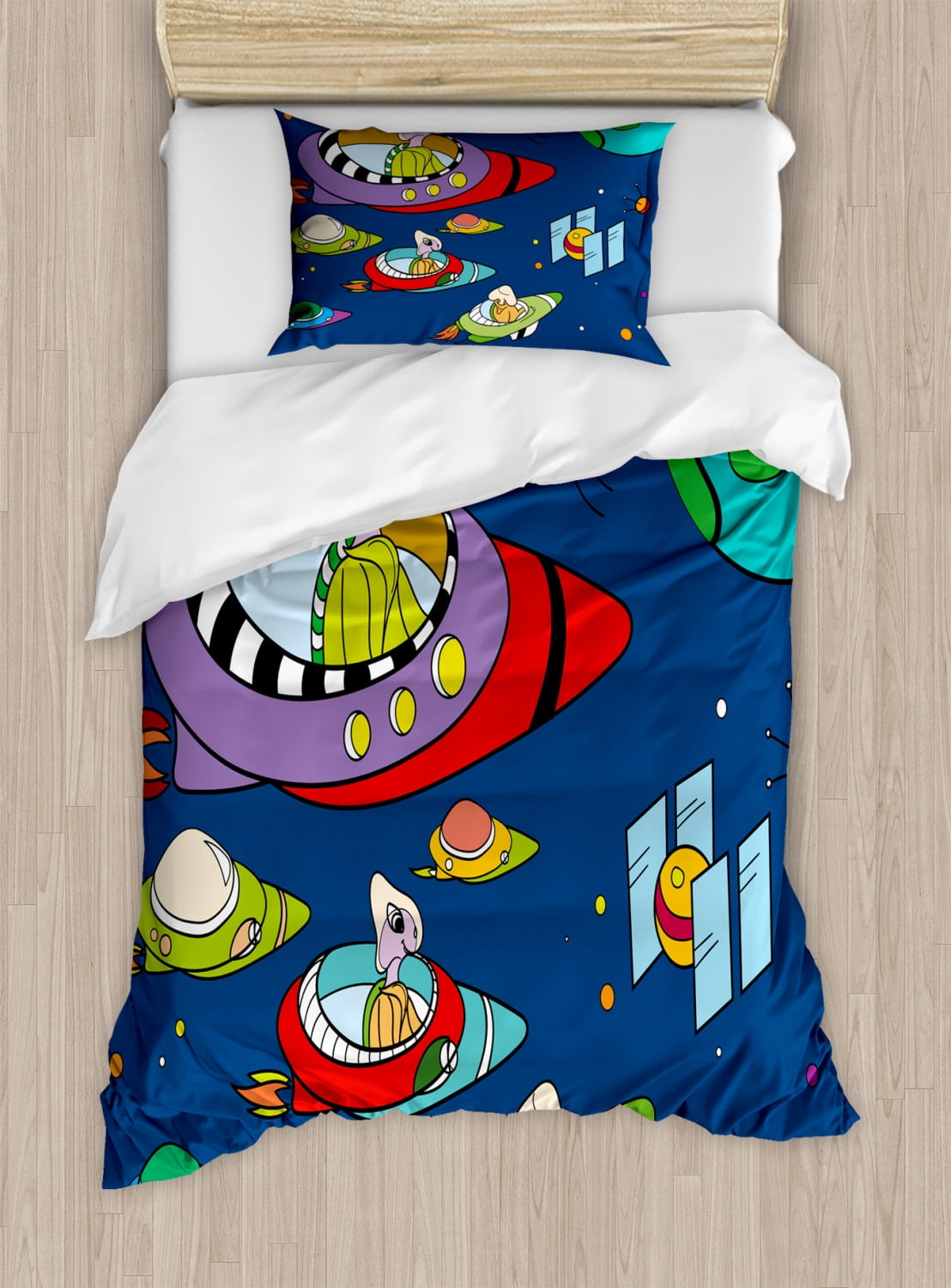 Alien Duvet Cover Set Twin Size, Cartoon Style Illustration of Planets ...