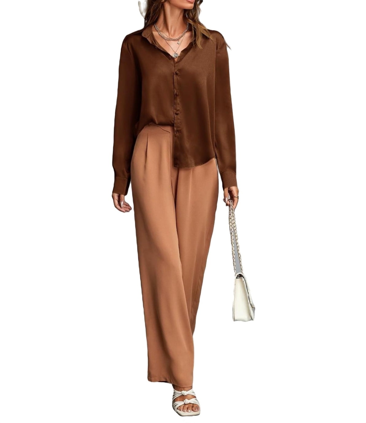 Chocolate Brown Elegant Plain Shirt Collar Button Women's Blouses ...