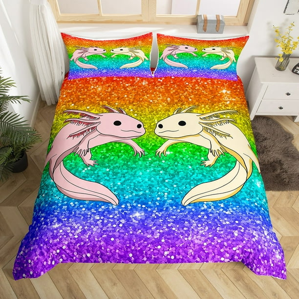 Kids Axolotl Duvet Cover Twin Size, Rainbow Ombre Glitter Comforter ...