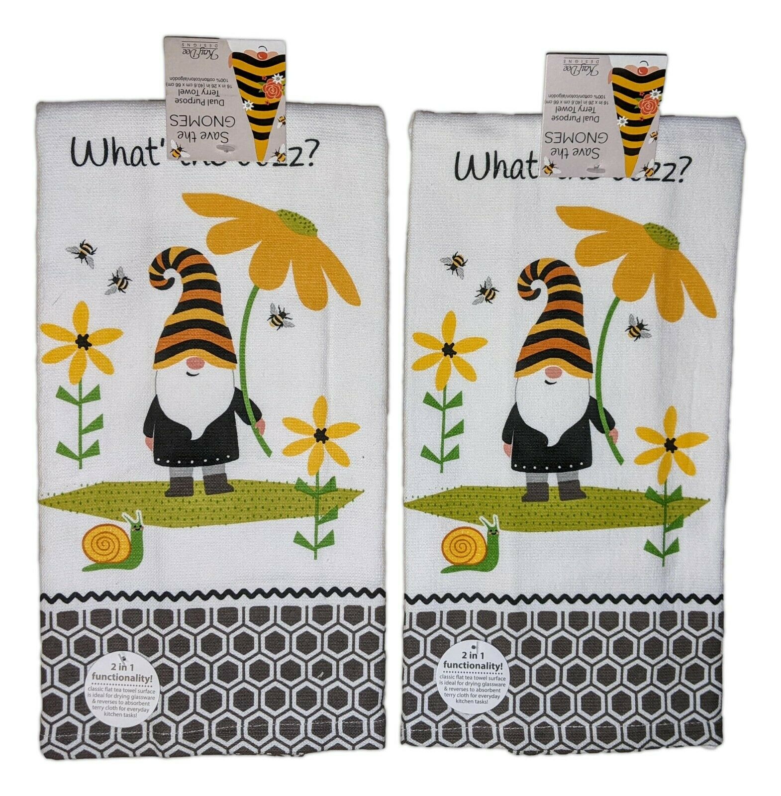 Set of 2 Save The Gnomes WHAT'S THE BUZZ? Terry Kitchen Towels, Kay Dee ...