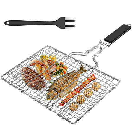 Fish Grilling Basket with Oil Brush 304 Stainless Steel BBQ Basket with ...