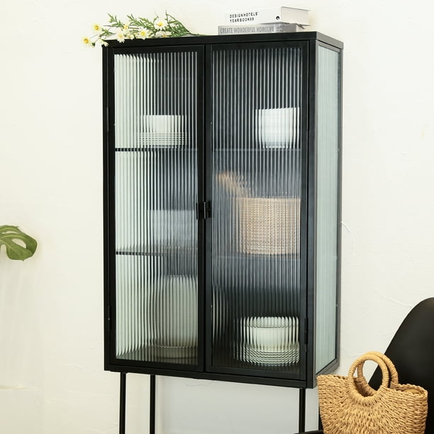 Retro Fluted Glass Storage Cabinet, Tall Freestanding Display Cupboard ...