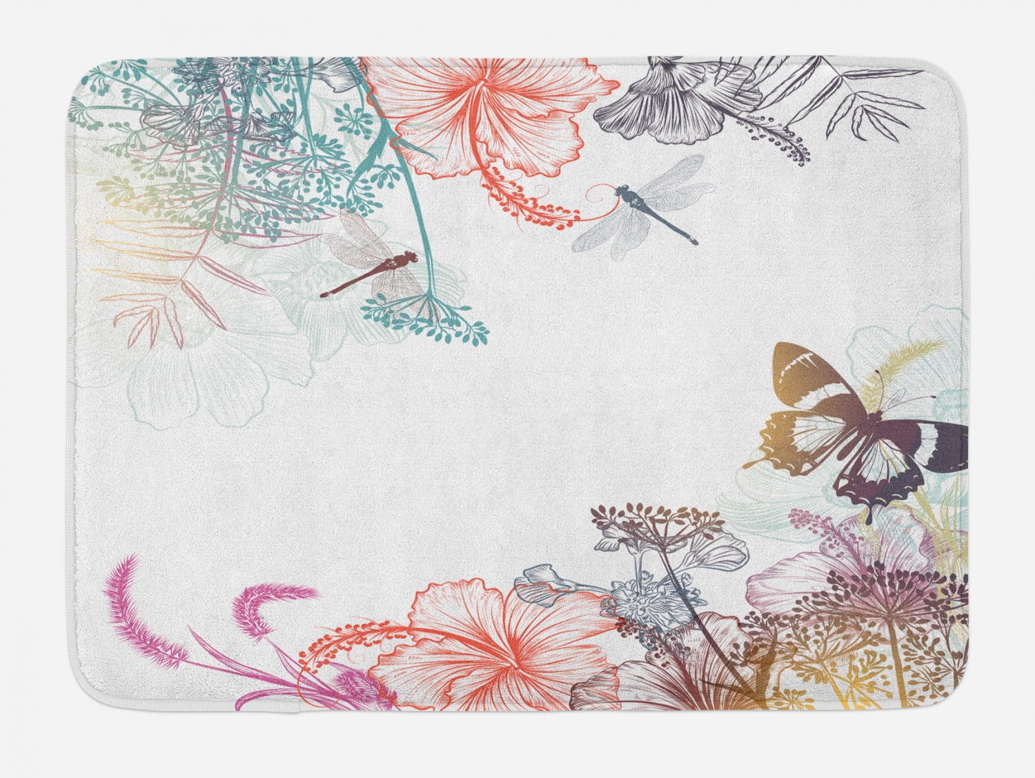 Dragonfly Bath Mat, Wildflowers Hibiscus Blooms Herbs Fern Artistic ...