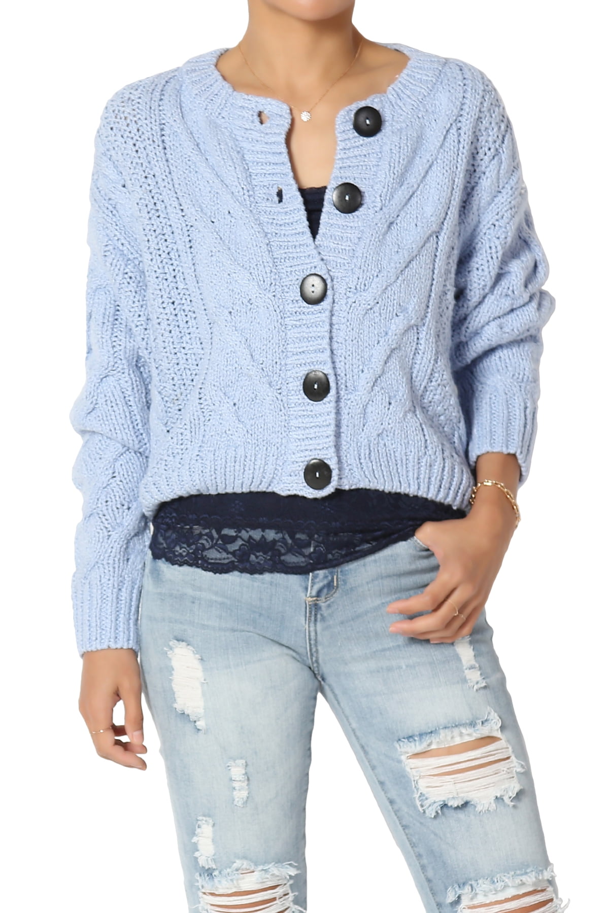 TheMogan Women's S~XL Cable Knit Round Neck Button Front Crop Sweater ...