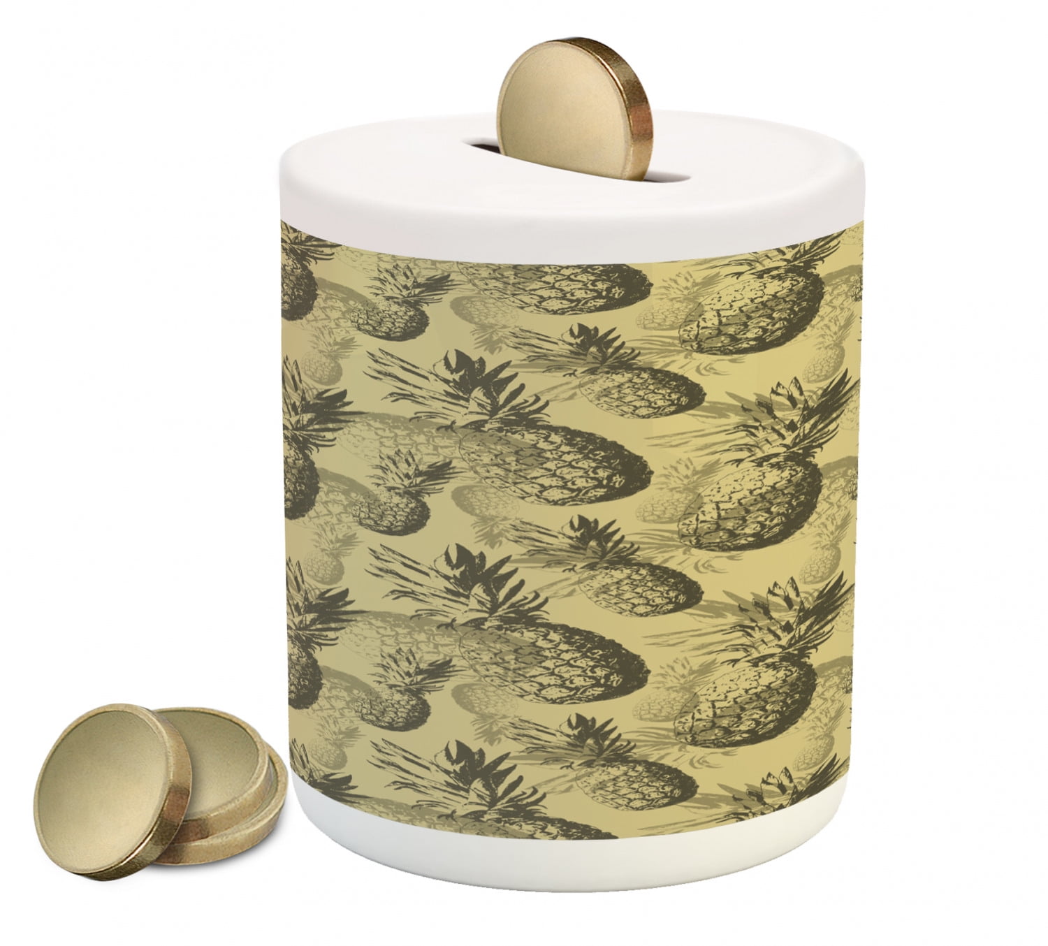 Pineapple Piggy Bank, Botanical Grunge Pattern with Tropical Island ...