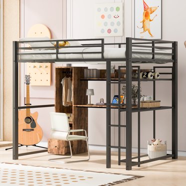RIGO Metal Full Size Loft Bed with L-shaped Desk and USB Loft Bed with ...