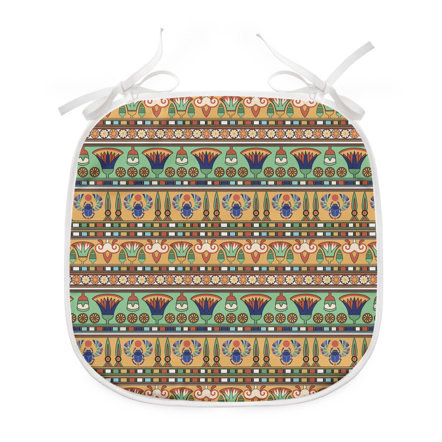 Egyptian Print Dining Chair Pad, Motifs Pattern Lily Flower and Scarab ...