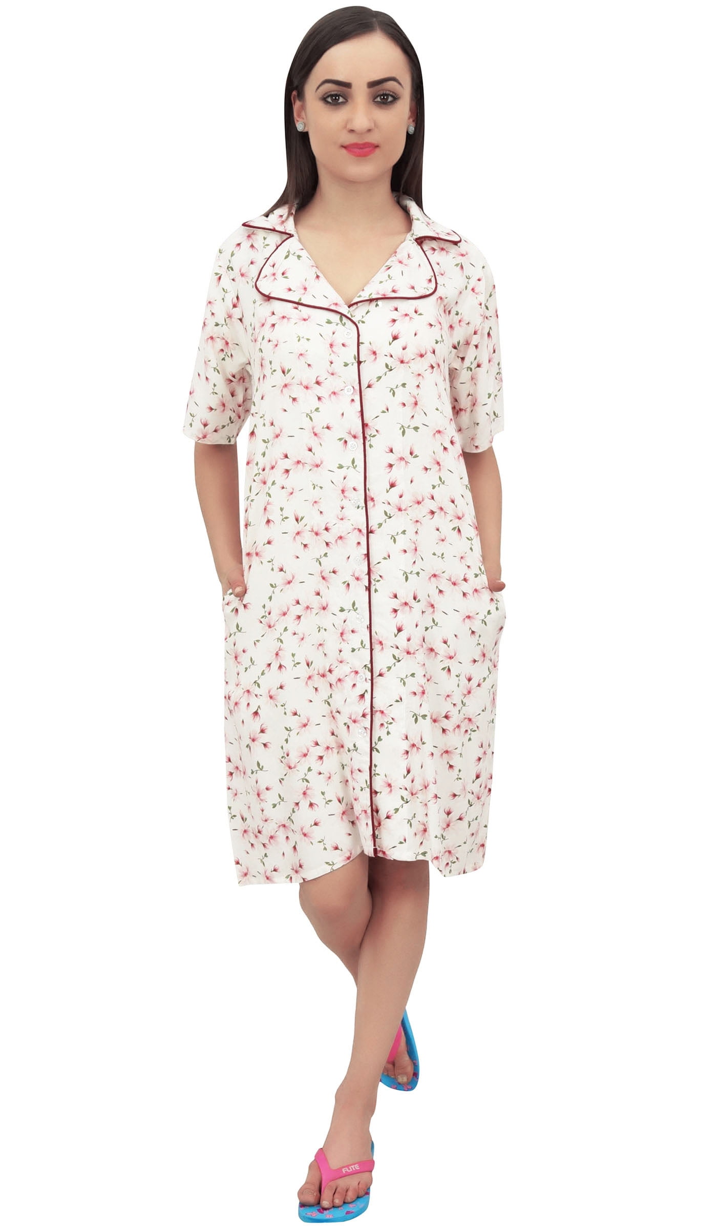 Bimba Off White Floral Print Rayon Women's Sleepshirt Night Shirt With ...