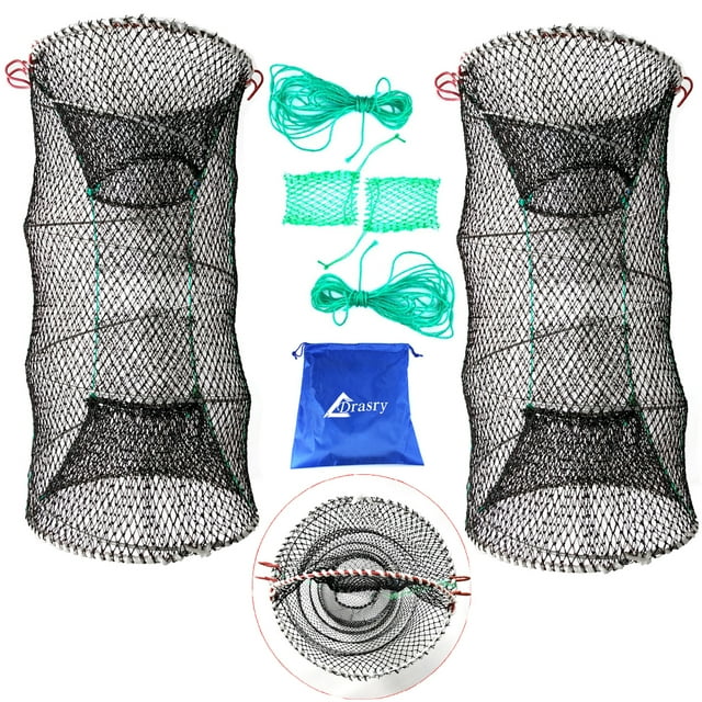 Drasry Fishing Crab Trap 2Pcs Portable Crawfish Bait Cage Foldable Shrimp Cast Net 23.6 x 11.8in ...