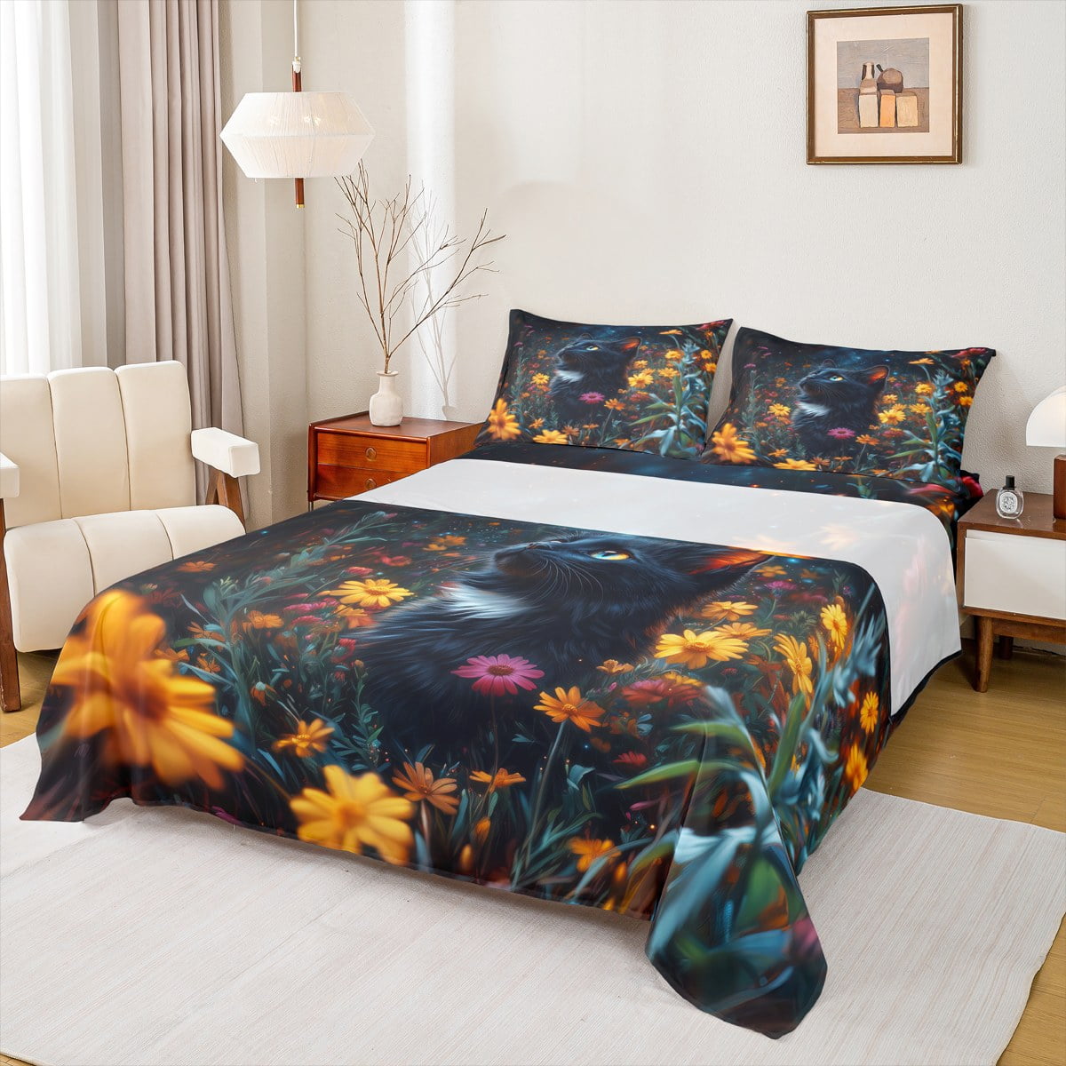 Click here for Erosebridal Black Cat Sheet Set Full  Rustic Flowe... prices