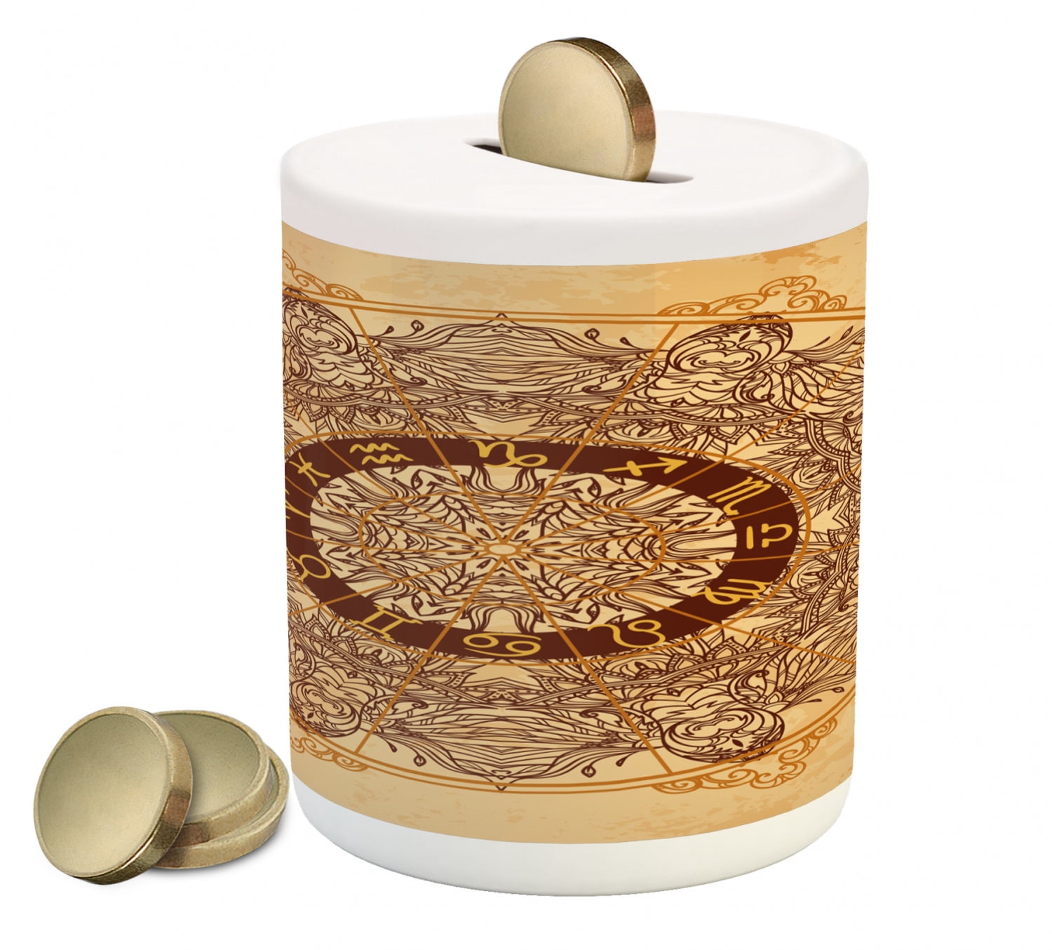 Zodiac Piggy Bank, Vintage Ornamental Mandala Circle with Horoscope ...