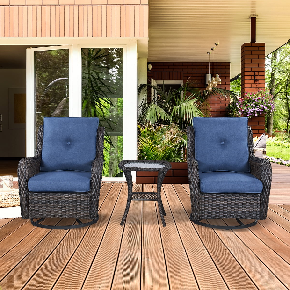 Buy HUMMUH 3 Piece Wicker Patio Swivel Rocking Chairs with Glass Top ...