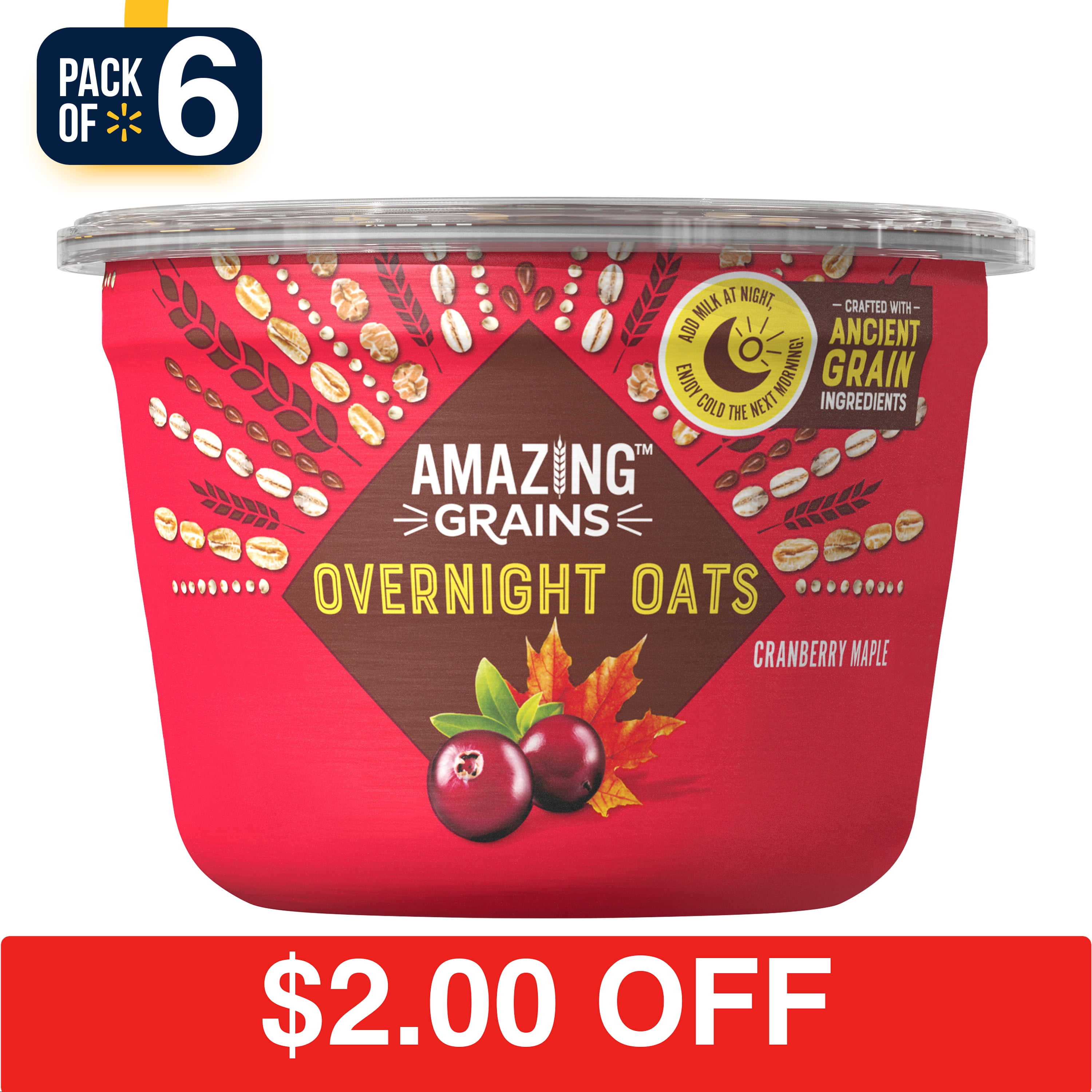 Amazing Grains, Overnight Oatmeal Cups, Cranberry Maple, 6 Cups (2.15 ...