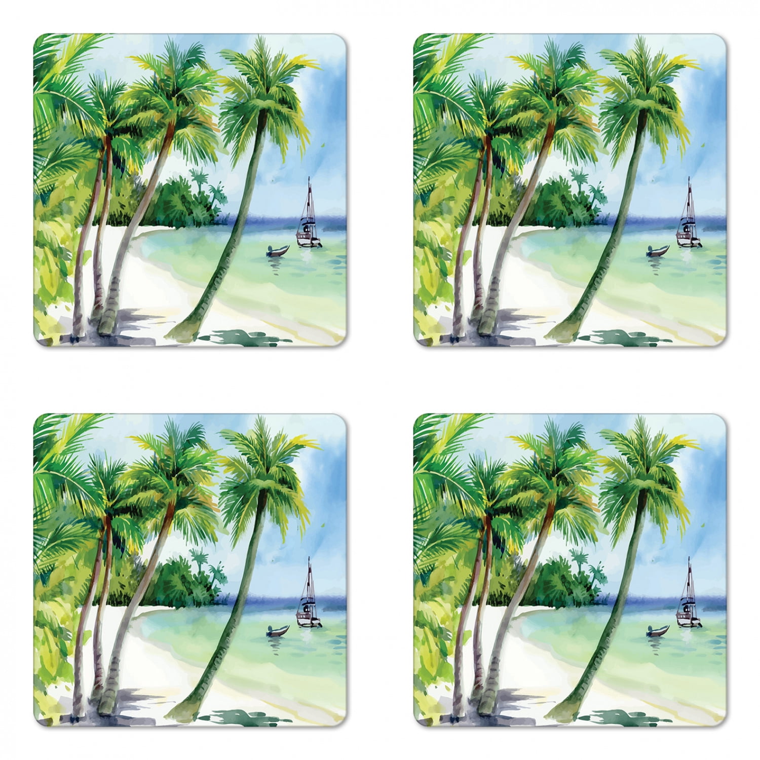 Tropical Coaster Set of 4, Landscape Beach Boat on Shore Summer Coast ...