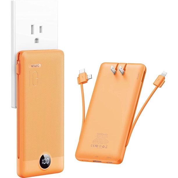V Portable Charger 10000mAh, Power Bank Built-in AC Wall Plug, Two ...