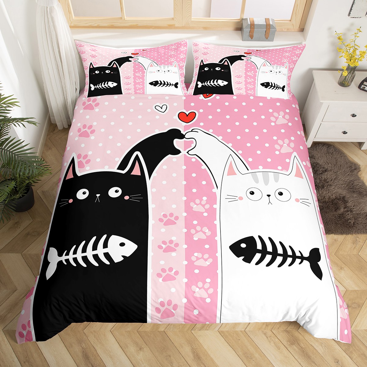 YST Romantic Cat Bedding Sets Queen Kawaii Kitten Comforter Cover, Cute ...