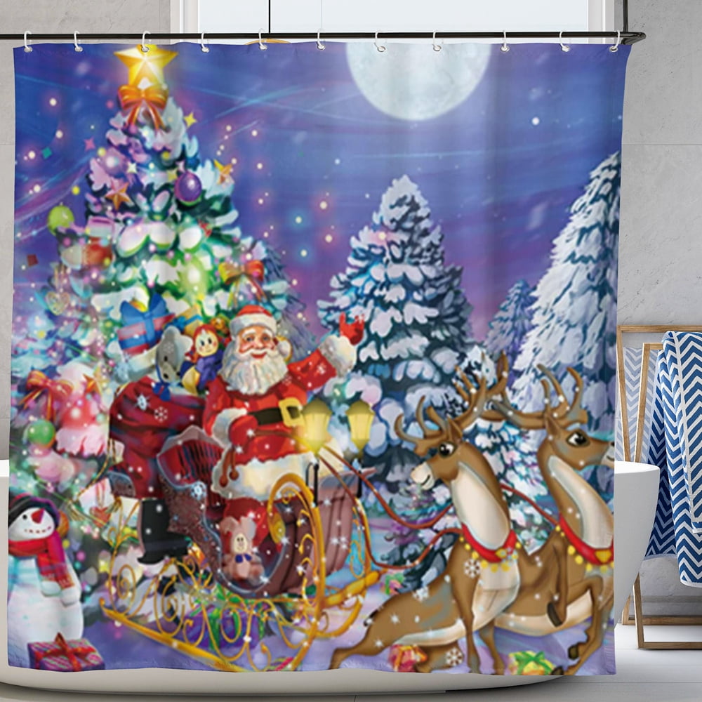 Christmas Santa Claus Shower Curtain Set Winter Merry Xmas Reindeer ...