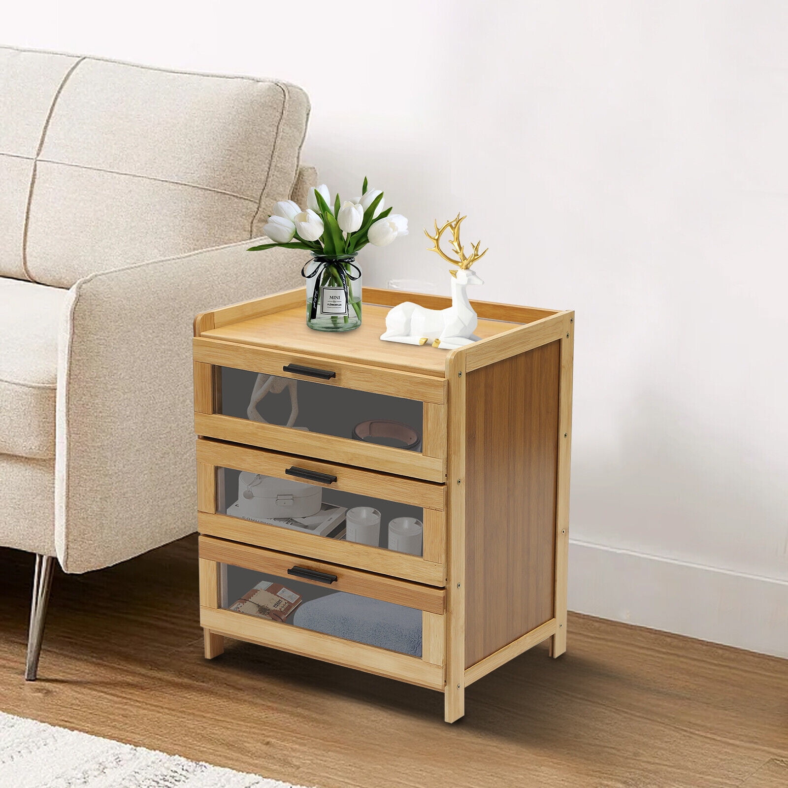 Miumaeov Natural Nightstand Bedside Table with 3 Drawers Space Saving ...