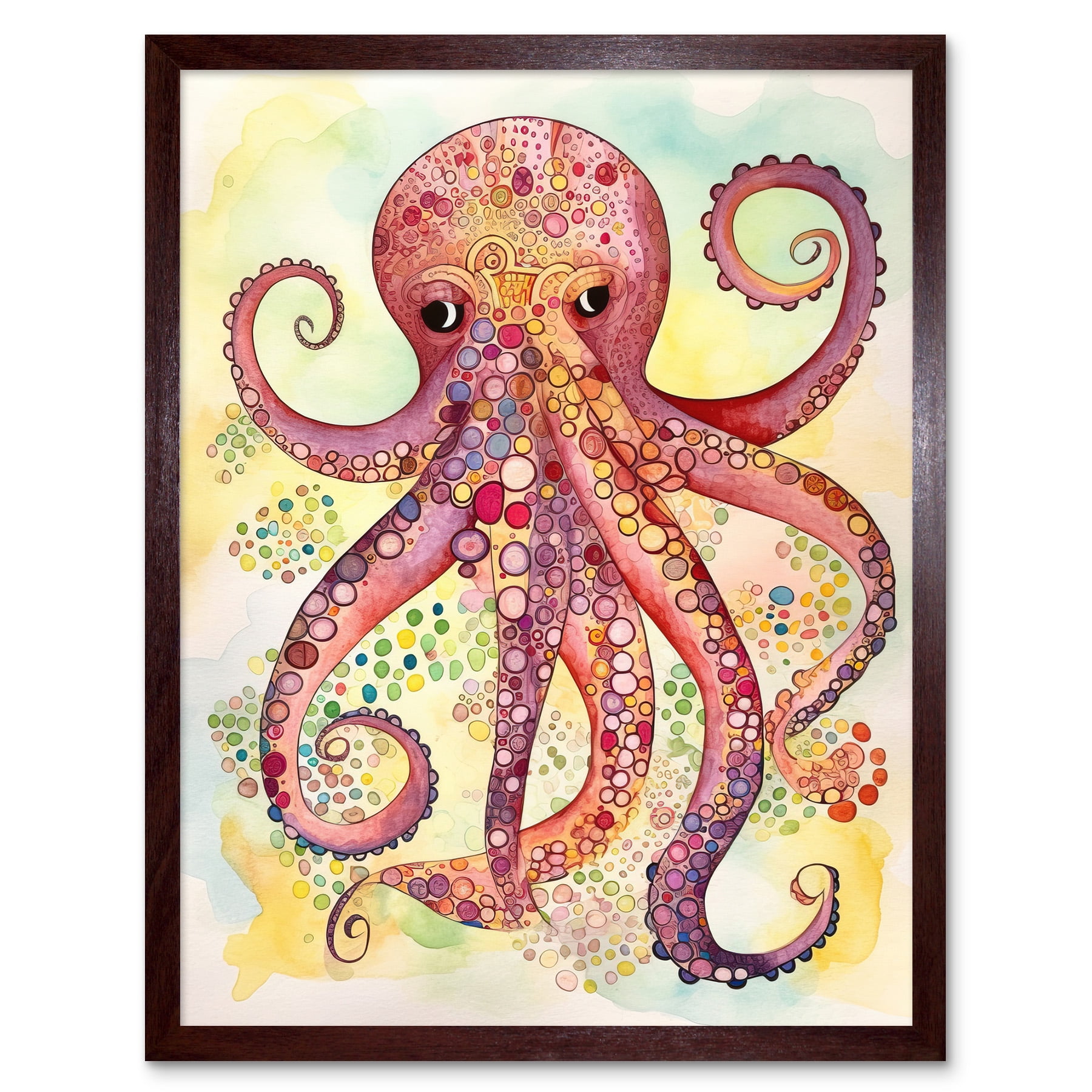 Octopus Portrait Bright Folk Art Watercolour Painting Art Print Framed ...