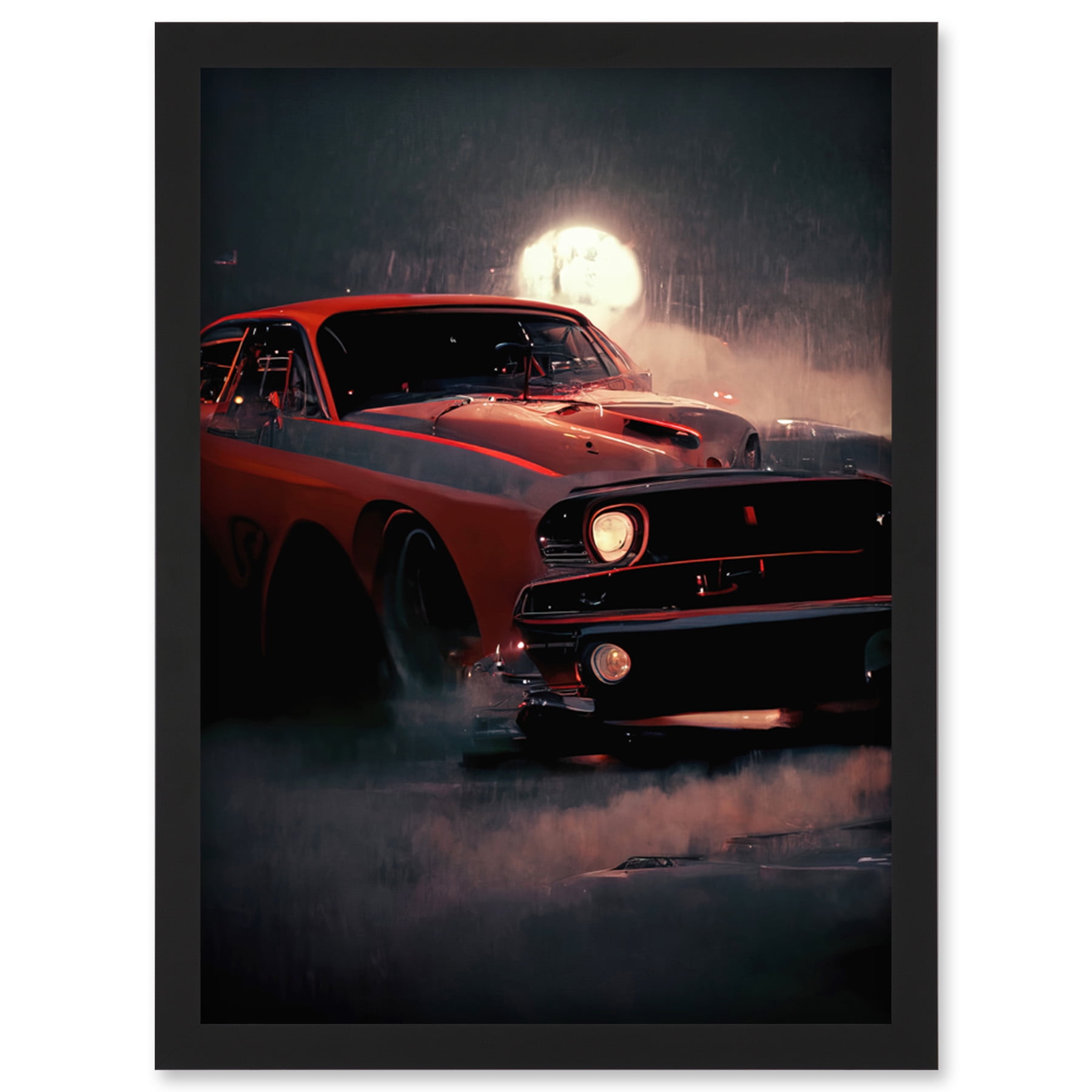 Classic Red Sports Muscle Car On A Rainy Atmospheric Night Artwork ...