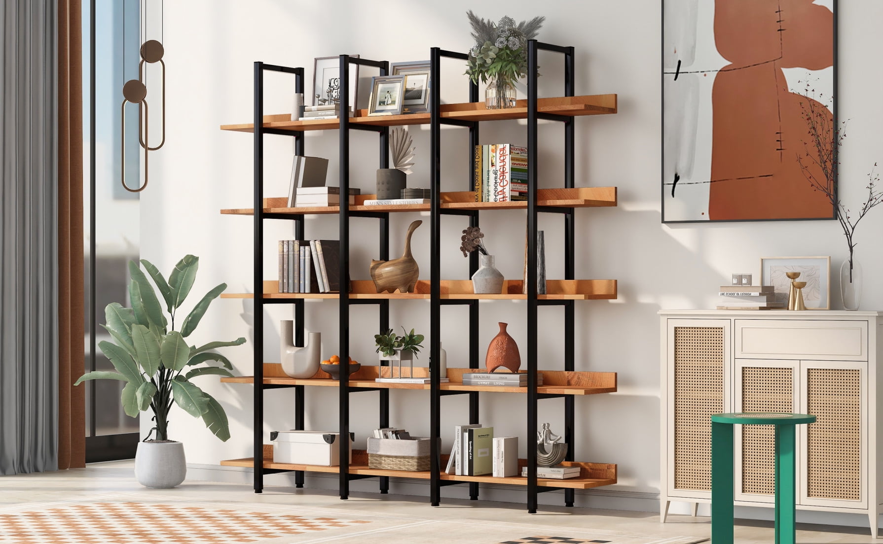 5 Tier Open Bookshelf with Back Fence and Thick Panel, Storage Bookcase ...