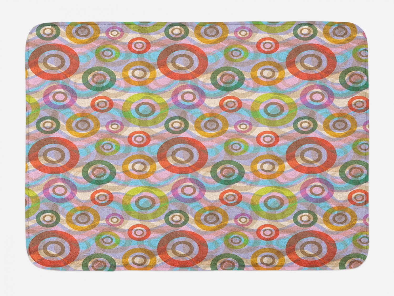 Retro Bath Mat, Hippie Style Punk Sixties Circles Ring Shapes Round in ...