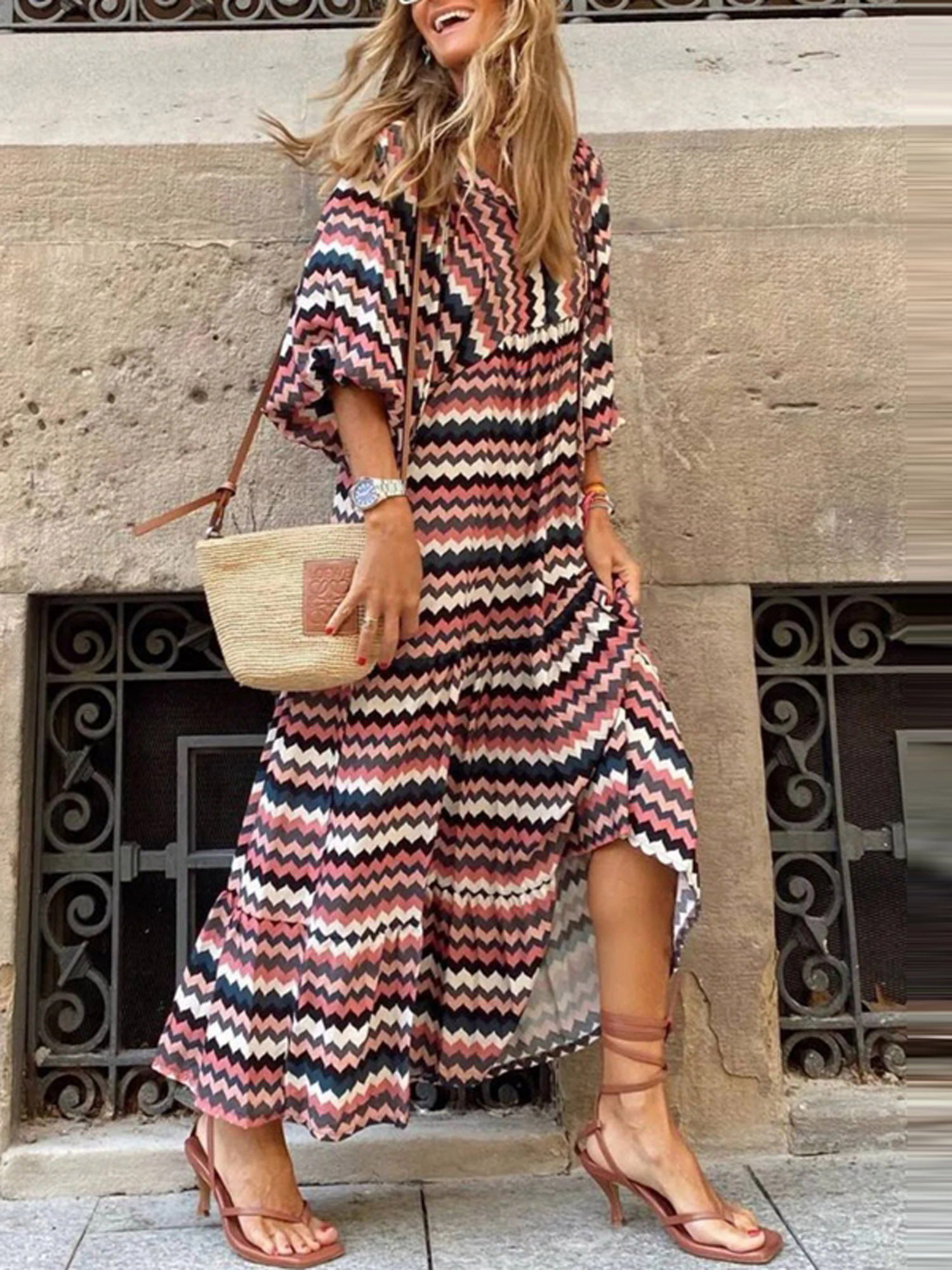 Coduop Women Puff Sleeve Maxi Dress Tiered Long Dresses Layered Summer ...