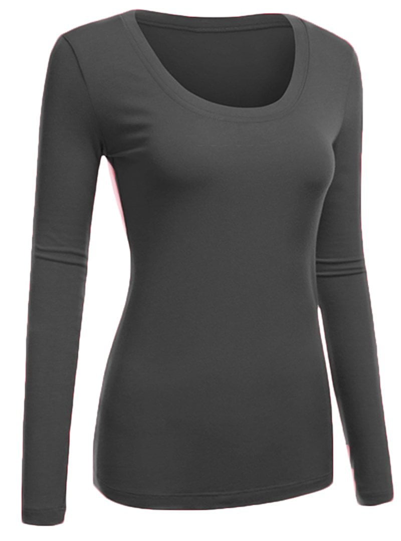 Emmalise Womens Plain Basic Cotton Spandex Scoop Neck Long Sleeve T