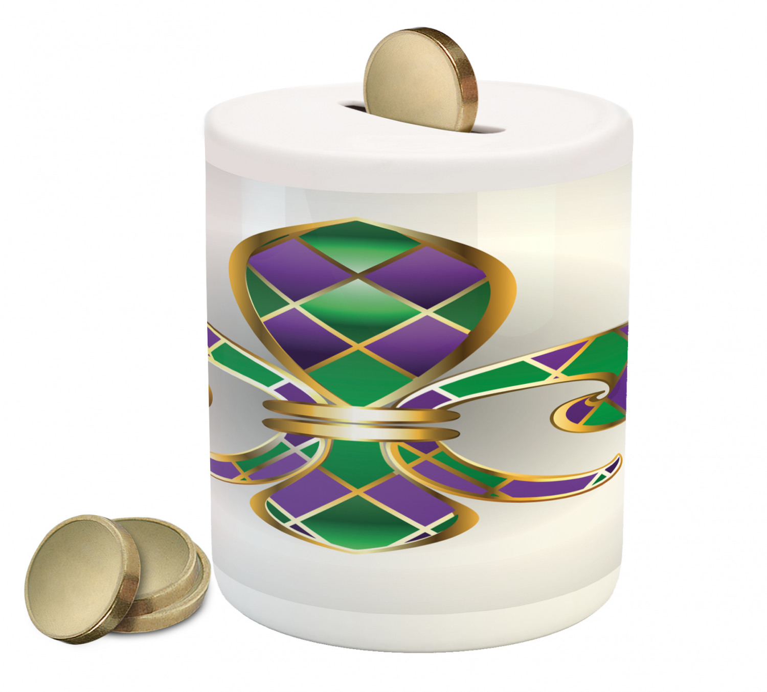Fleur De Lis Piggy Bank, Golden Yellow Colored Lily Diamond Shapes ...