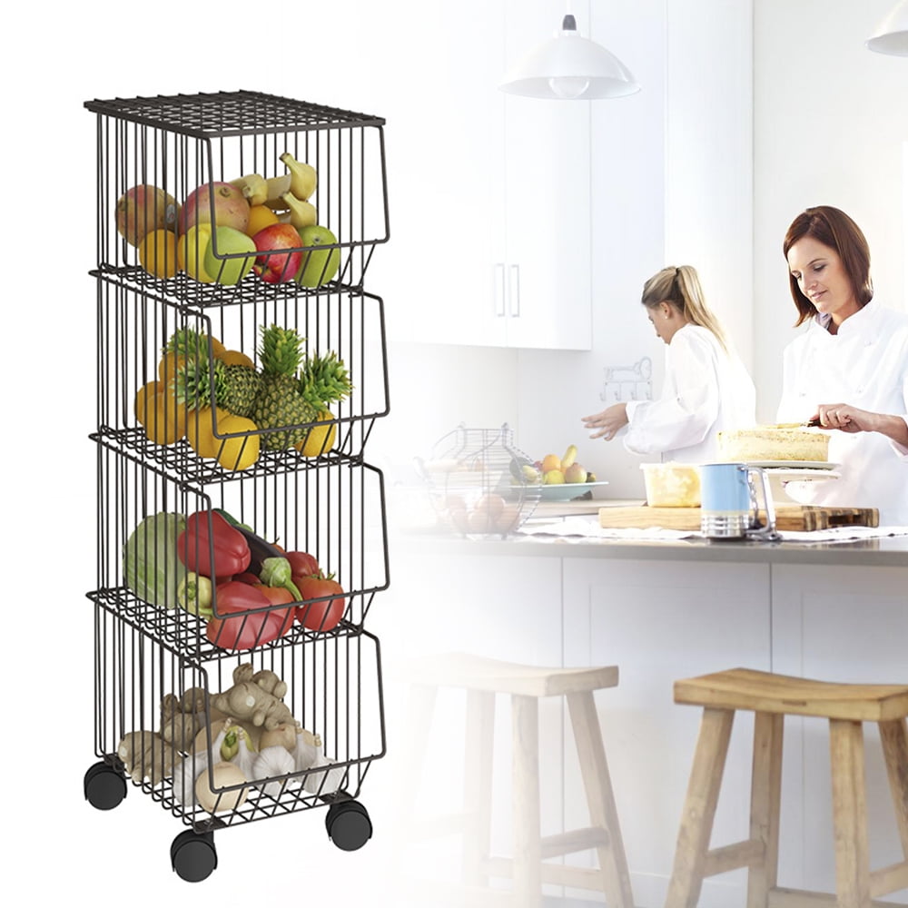 Miumaeov 4-Layer Vegetable Fruit Bowls Rack Basket Rolling Cart Stand ...