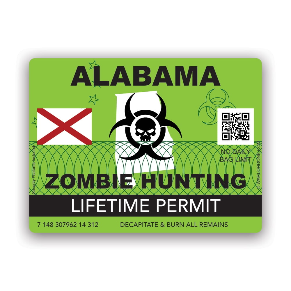 Zombie Alabama State Hunting Permit Sticker Decal - Self Adhesive Vinyl ...