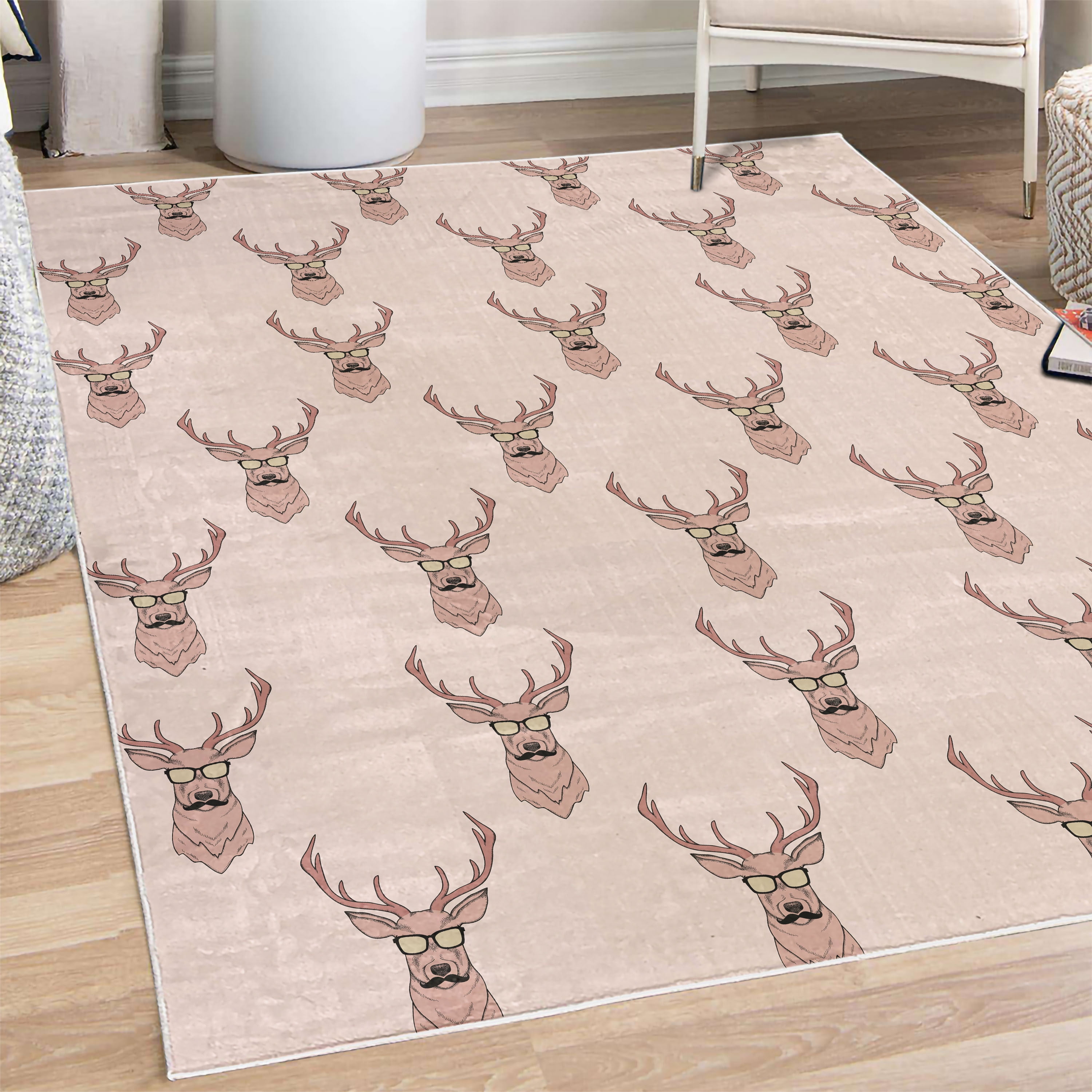 Deer Decorative Rug, Hipster Inspired Antlers Glasses Mustaches Funny ...