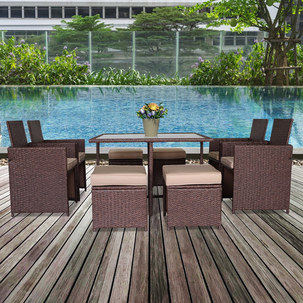 9 Piece Outdoor Dining Sets for 8, Rattan Wicker Chairs with Glass ...
