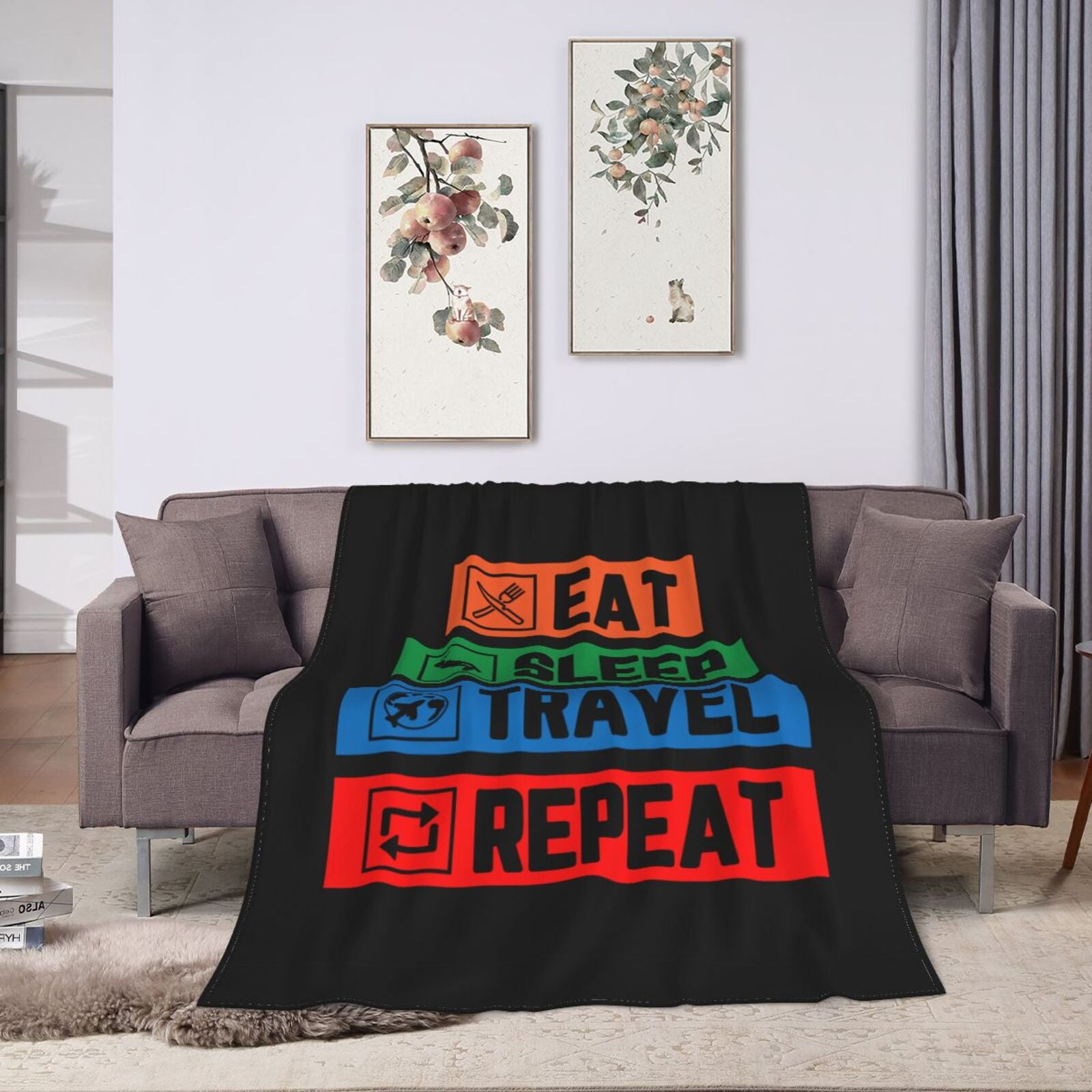 ZNDUO Eat Sleep Travel Pattern Throw Blanket, Lightweight Cozy Soft ...