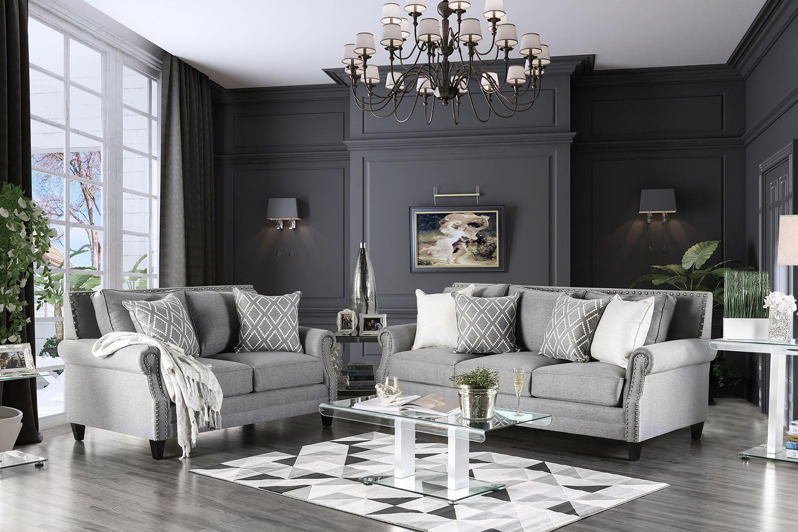 Transitional Gray Linen-like Fabric Sofa and Loveseat FOA Giovanni ...