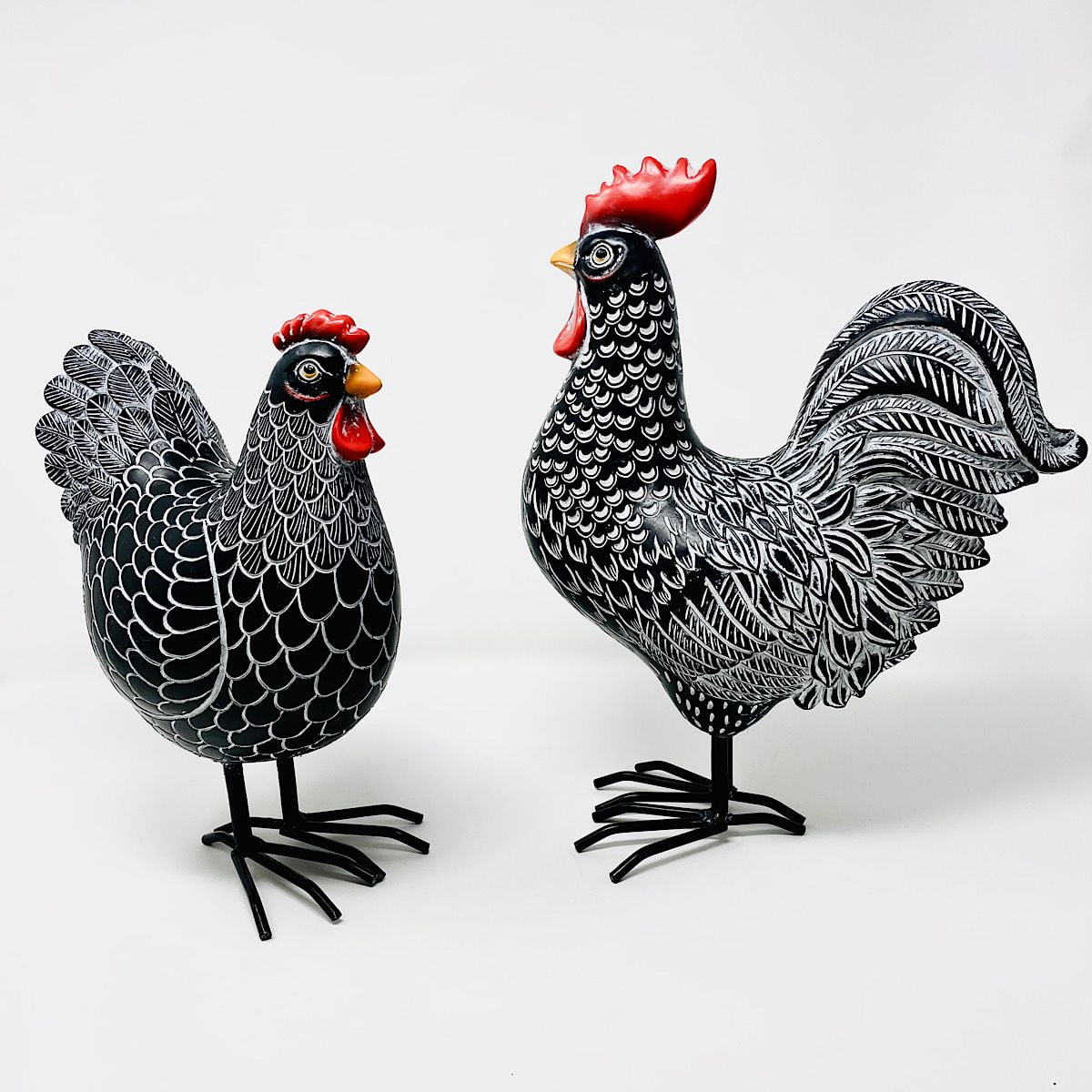 resin black and white resin hen & rooster with metal feet. boxed set ...