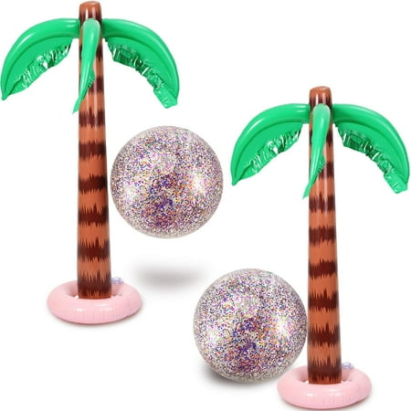 Set of 4 Inflatable Palm Trees and Beach Inflatable Beach Balls Glitter ...