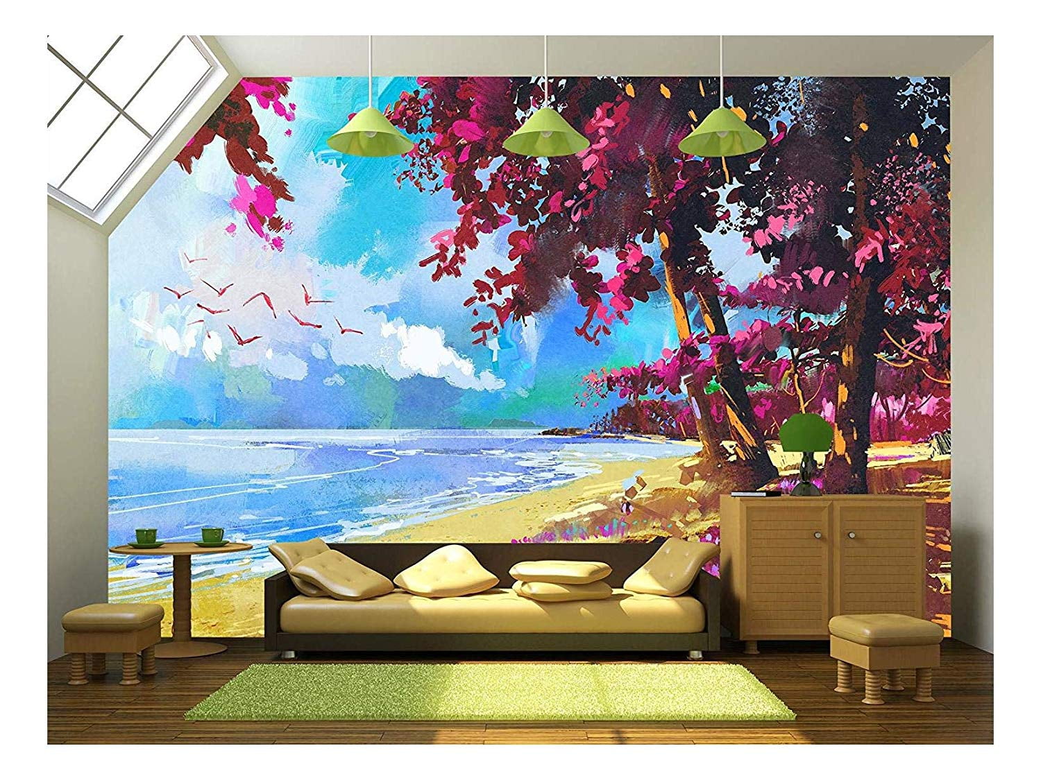 Wall26 Pink Trees on the Beach,Summer,Landscape Illustration ...