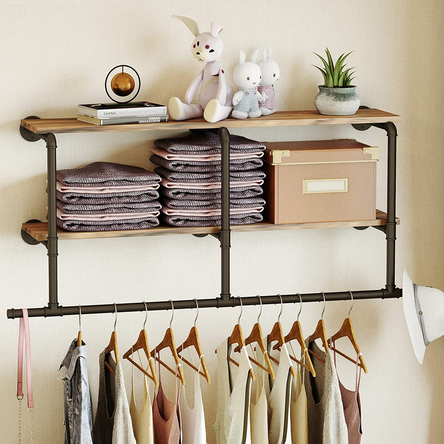 ZXNYH Wall Mounted Clothes Rack Gold with Shelf, 52" Long Industrial ...