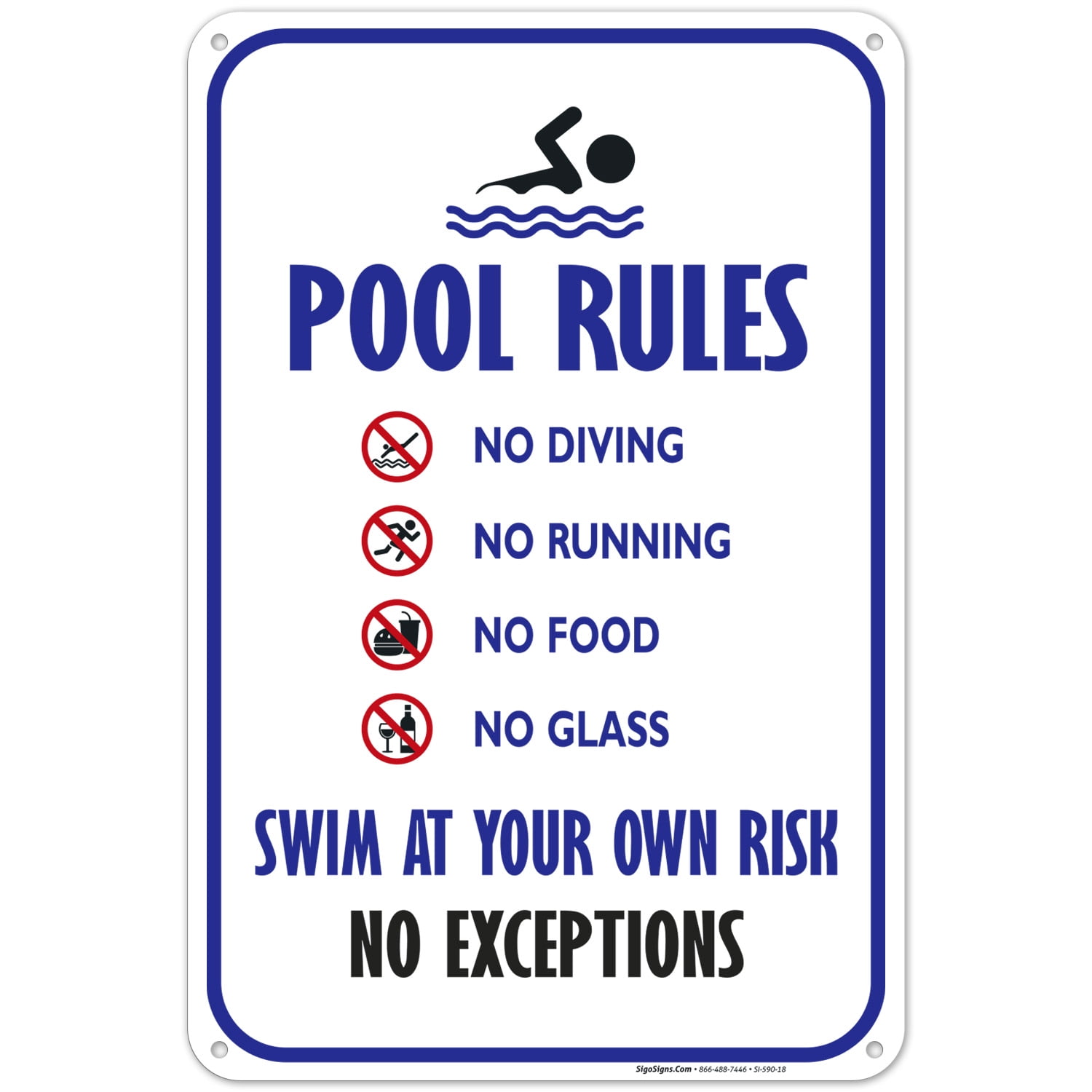 Pool Rules Sign, No Diving No Running No Food No Glass, - Walmart.com