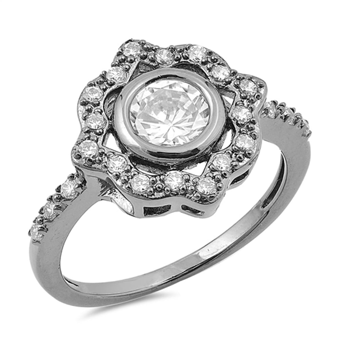 Sterling Silver Womens Flawless Colorless Cubic Zirconia Bezel Flower