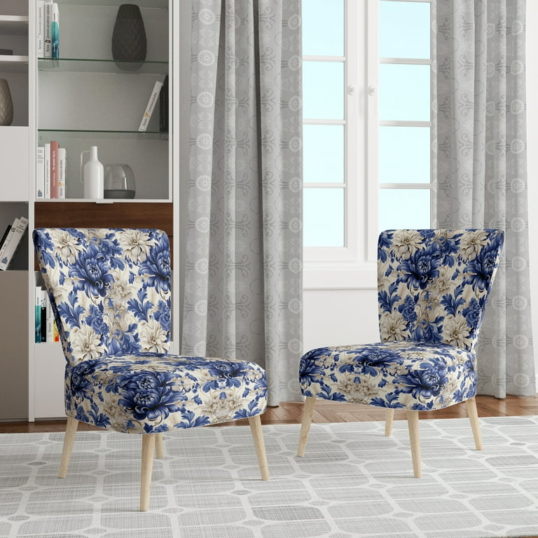 Designart Victorian Brocade In Cobalt Blue VI Blue Floral Upholstered Accent Chair Cottage Arm Chair For Living Room